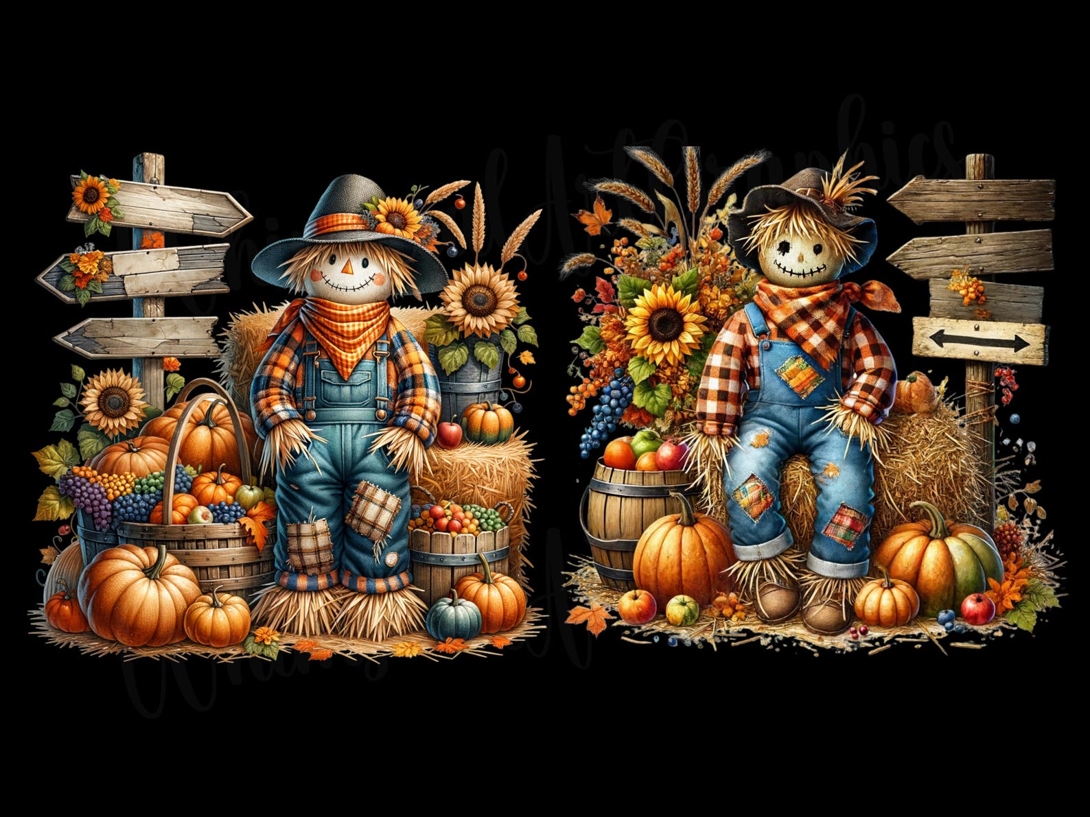 Watercolor Fall Scarecrows Collection Clipart, 11 PNG Autumn Clipart ...
