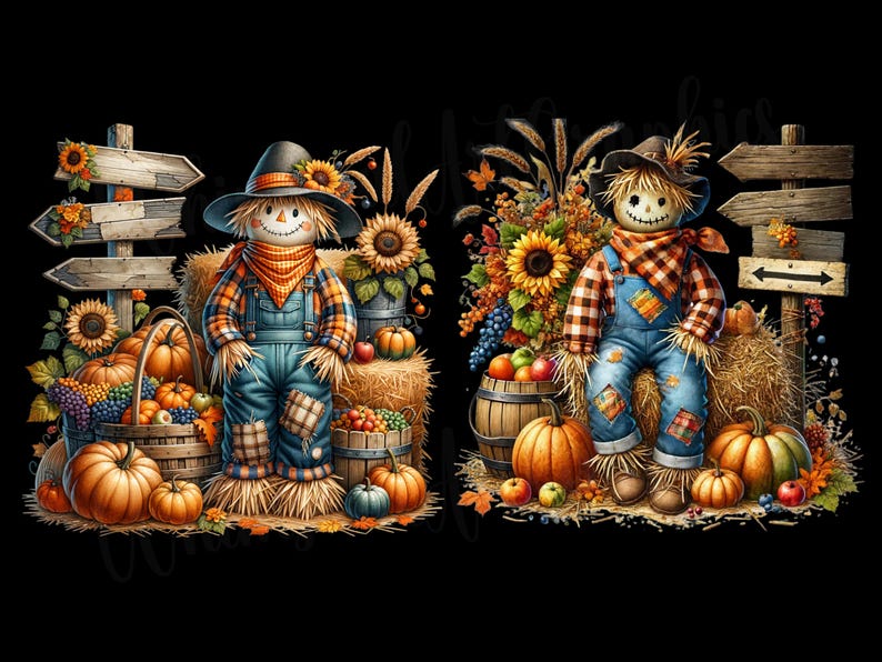 Watercolor Fall Scarecrows Collection Clipart, 11 PNG Autumn Clipart ...