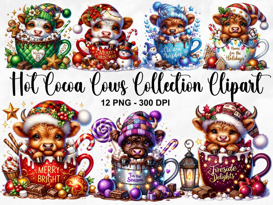 Watercolor Hot Cocoa Cows Collection Clipart, 12 PNG Christmas Clipart ...