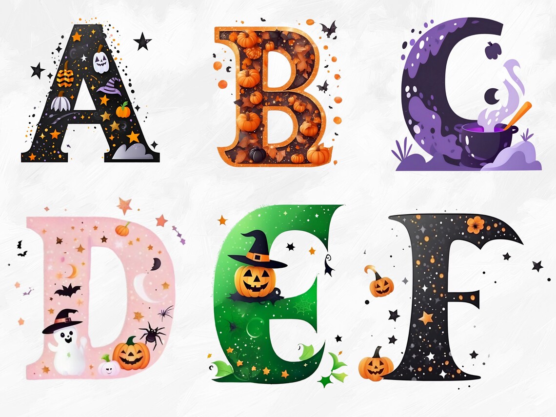Halloween Alphabet Clipart, 26 PNG Halloween Doodle Letters Clipart ...