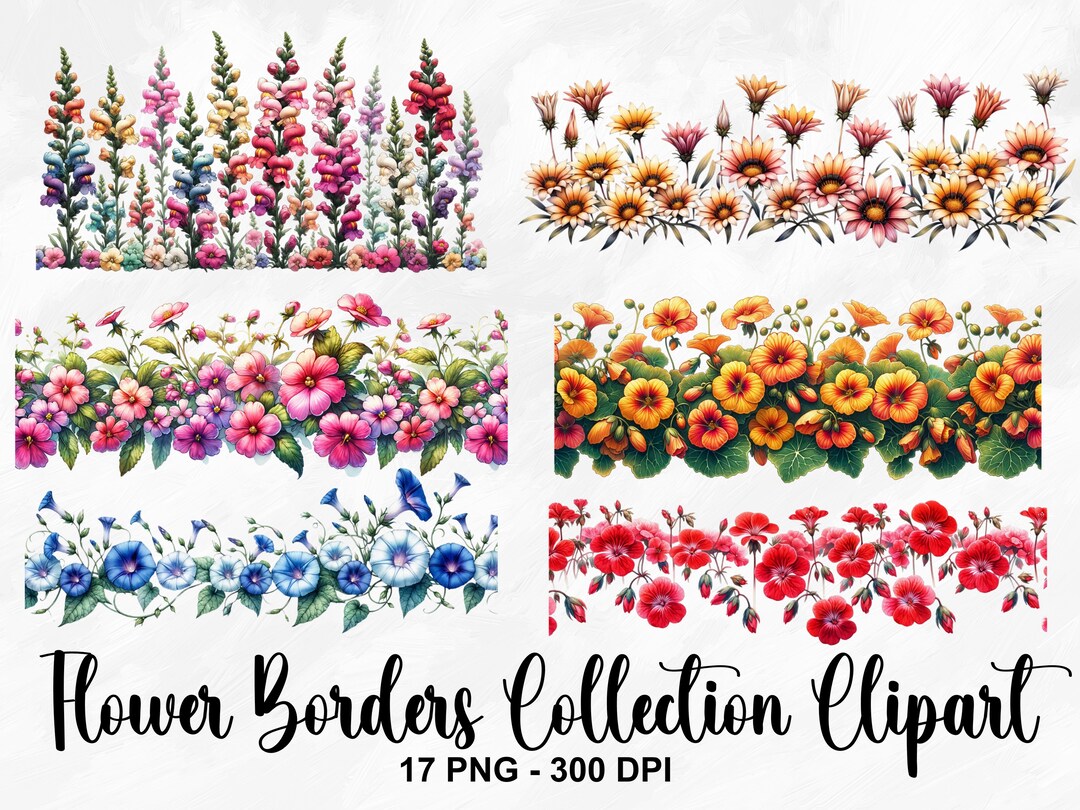 Watercolor Flower Borders Collection Clipart, 17 PNG Spring Flowers ...