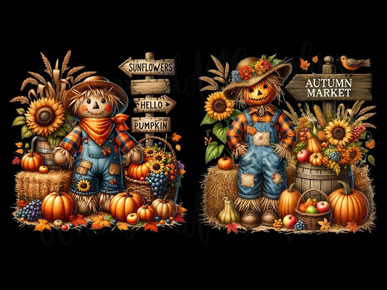 Watercolor Fall Scarecrows Collection Clipart, 11 PNG Autumn Clipart ...
