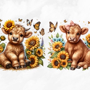 Watercolor Sunflower Highland Cows Collection Clipart, 9 PNG Spring ...