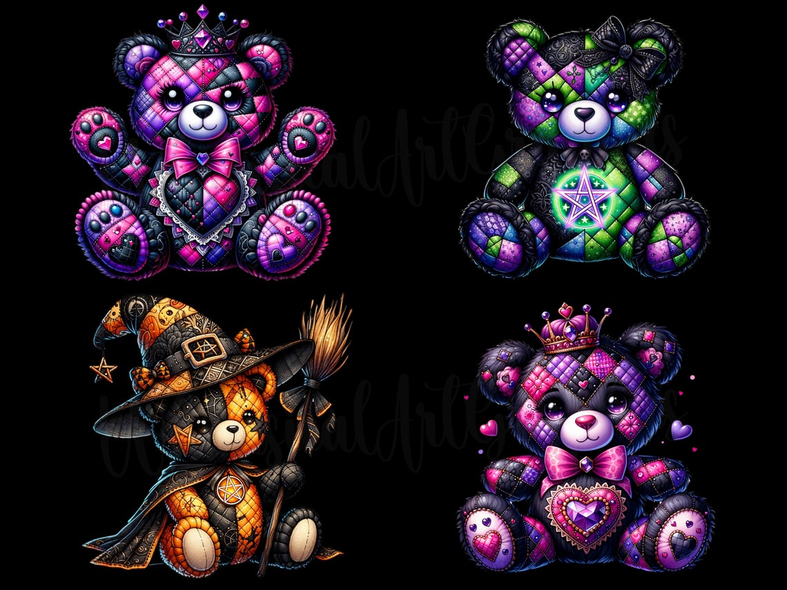 Watercolor Gothic Teddy Bears Collection Clipart, 18 PNG Halloween ...