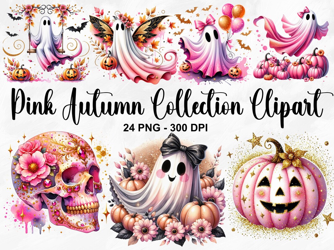 Watercolor Pink Autumn Collection Clipart, 24 PNG Halloween Clipart ...