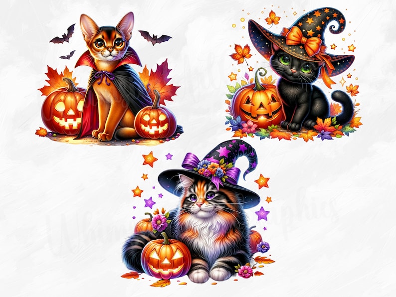 Watercolor Halloween Cats Collection Clipart, 15 PNG Halloween Clipart ...