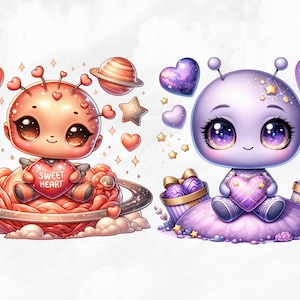 Watercolor Cute Valentines Aliens Clipart, 11 PNG Valentines Day ...