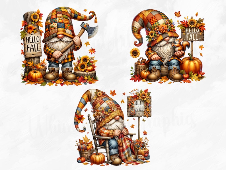 Watercolor Hello Fall Gnomes Collection Clipart, 15 PNG Autumn Clipart ...