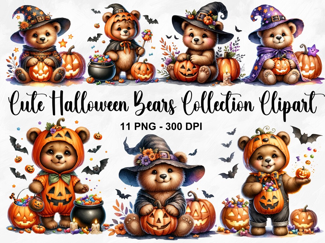 Watercolor Cute Halloween Bears Collection Clipart, 11 PNG Halloween ...
