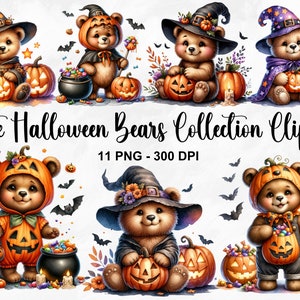 Watercolor Cute Halloween Bears Collection Clipart, 11 PNG Halloween ...
