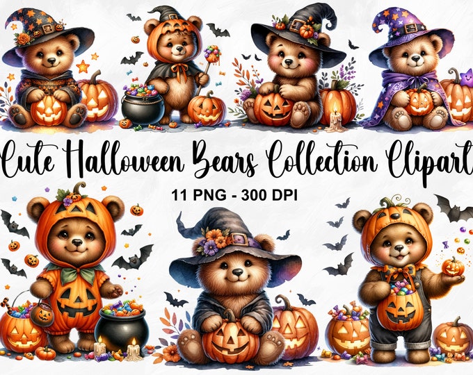 Halloween Bear Watercolor Clipart: Pumpkin PNG (digital Download ...