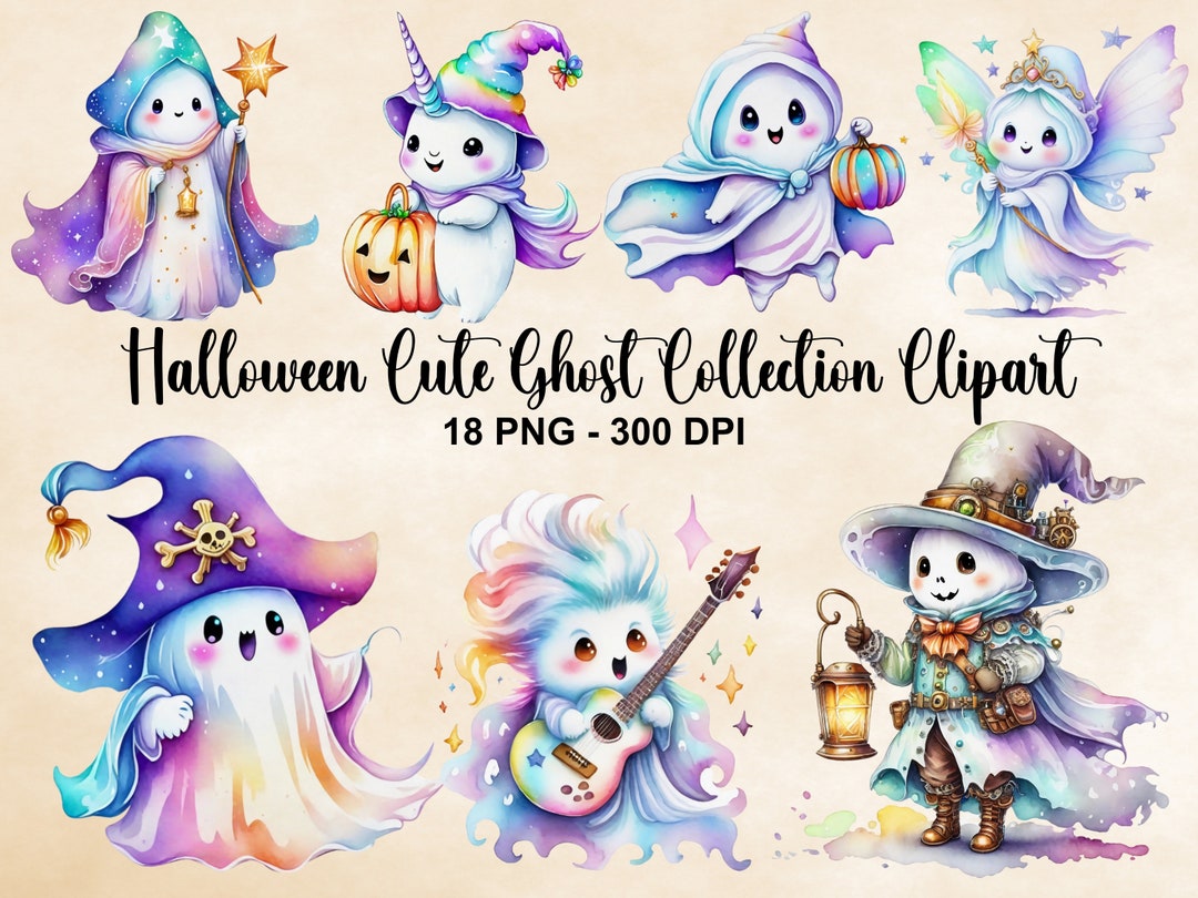 Watercolor Halloween Cute Ghost Collection Clipart, 18 PNG Halloween ...