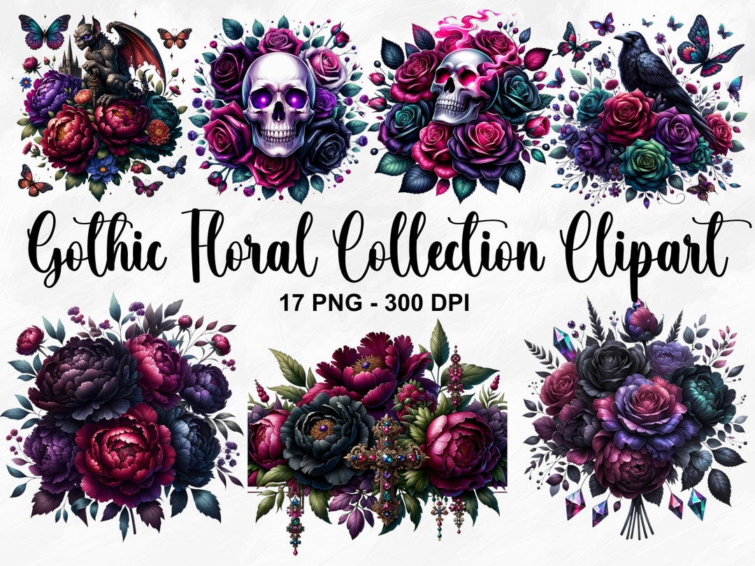 Watercolor Gothic Floral Collection Clipart, 17 PNG Gothic Floral ...
