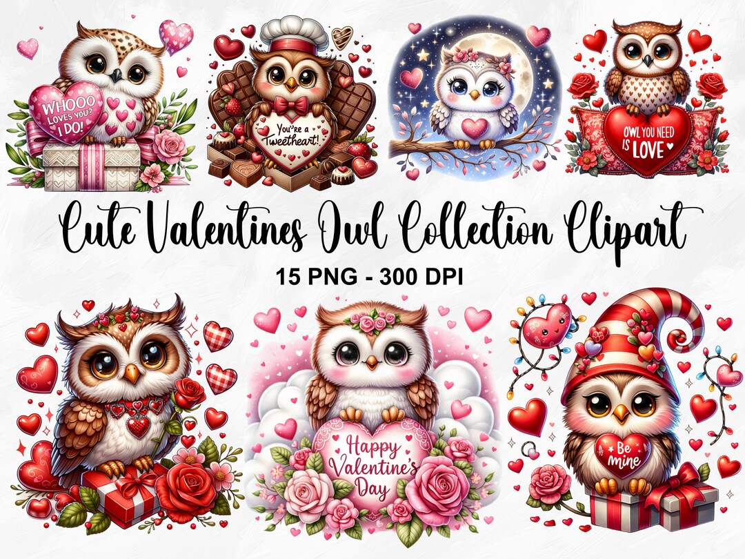Watercolor Cute Valentines Owl Clipart, 15 PNG Valentines Day Clipart ...