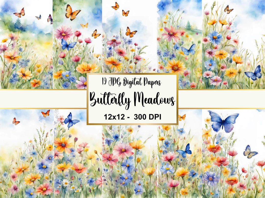 Watercolor Butterfly Meadows Digital Paper, Floral Butterfly Junk ...