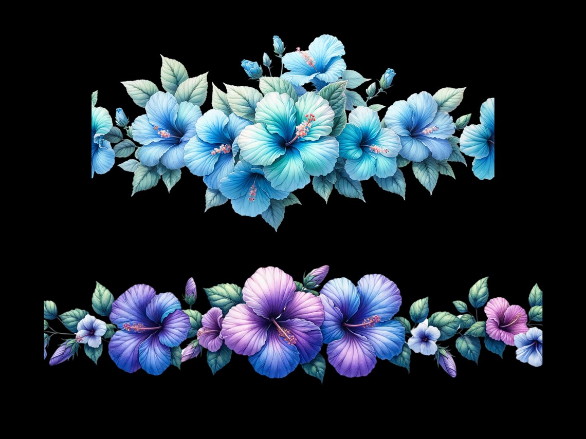 Watercolor Hibiscus Flower Borders Clipart, 12 PNG Summer Flowers ...