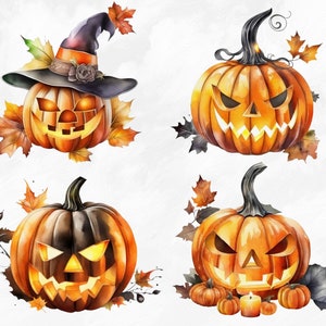 Watercolor Halloween Jack O Lantern Collection Clipart, 30 PNG ...
