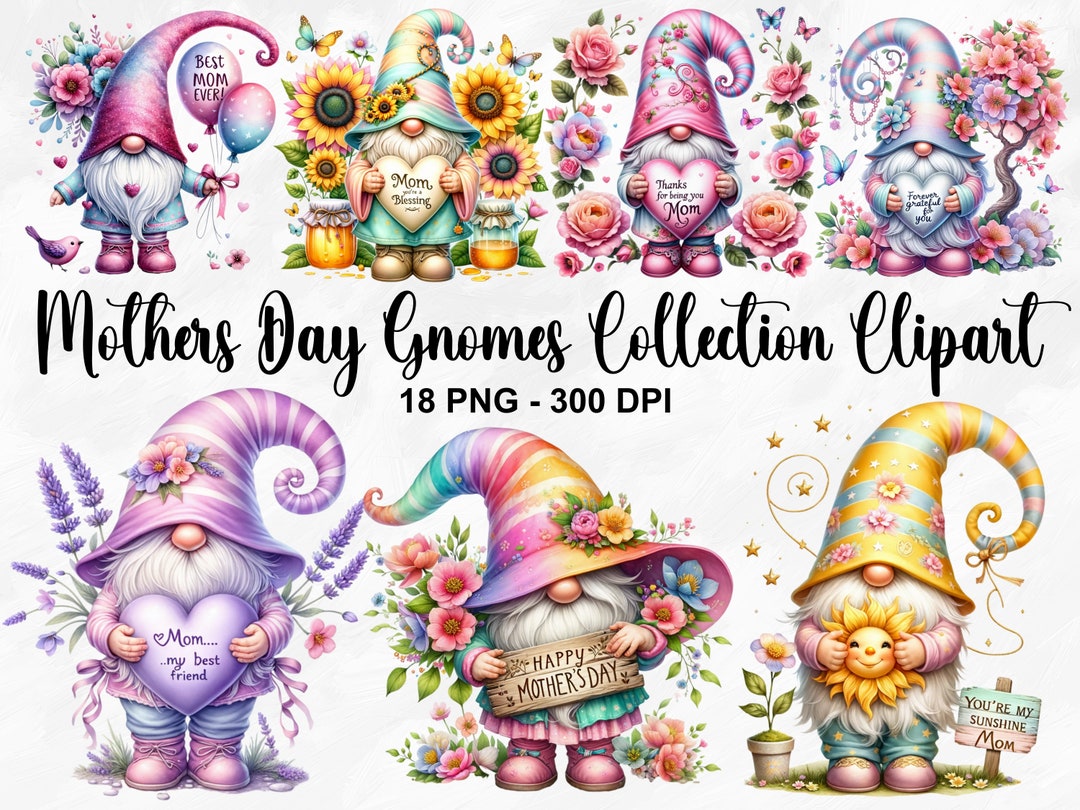 Watercolor Mothers Day Gnomes Collection Clipart, 18 PNG Garden Gnome ...