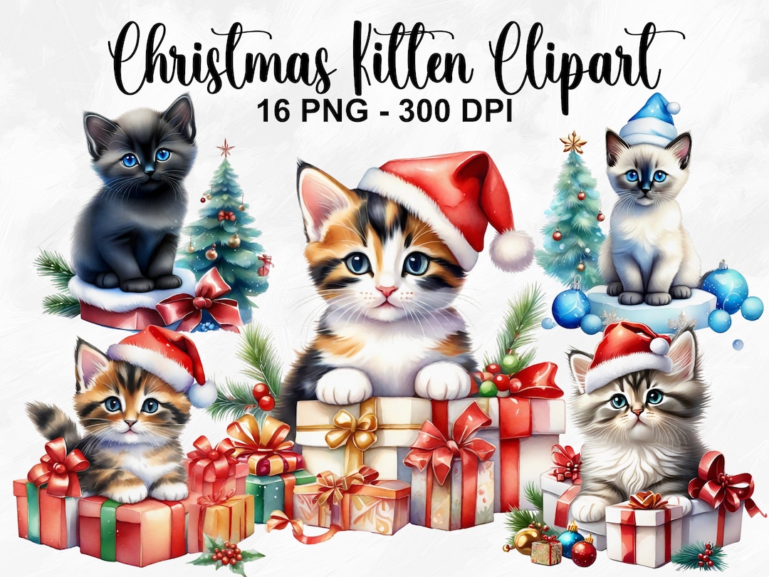 Watercolor Christmas Kitten Clipart, 16 PNG Christmas Kitten Clip Art ...