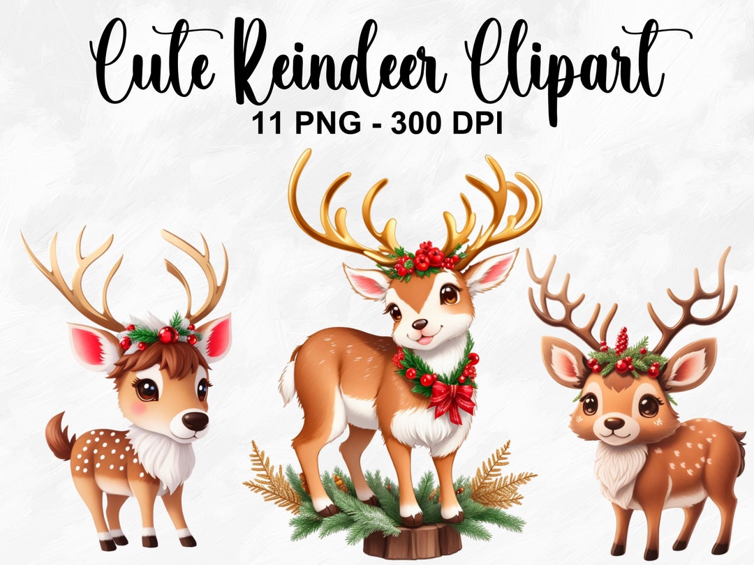 Watercolor Cute Reindeer Clipart, 11 PNG Reindeer Clipart, Christmas ...