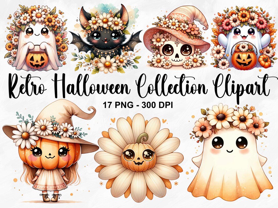 Watercolor Retro Halloween Collection Clipart, 17 PNG Halloween Clipart ...