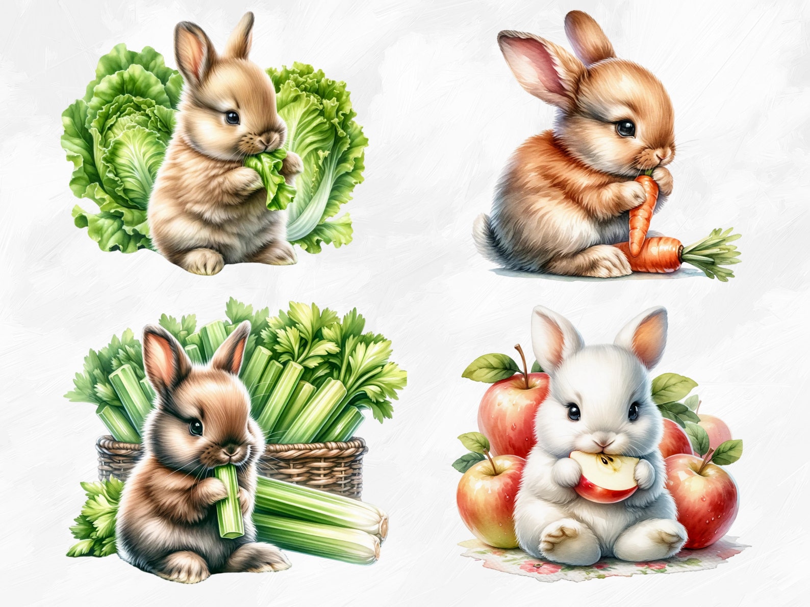 Watercolor Bunny With Food Collection Clipart, 20 PNG Bunny Clipart ...