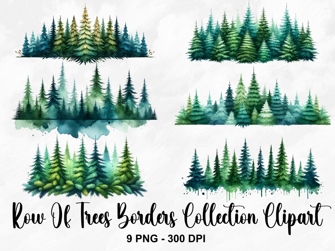 Watercolor Row of Trees Borders Collection Clipart, 9 PNG Evergreen ...