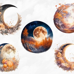 Watercolor Autumn Harvest Moons Clipart, 15 PNG Watercolor Moons ...