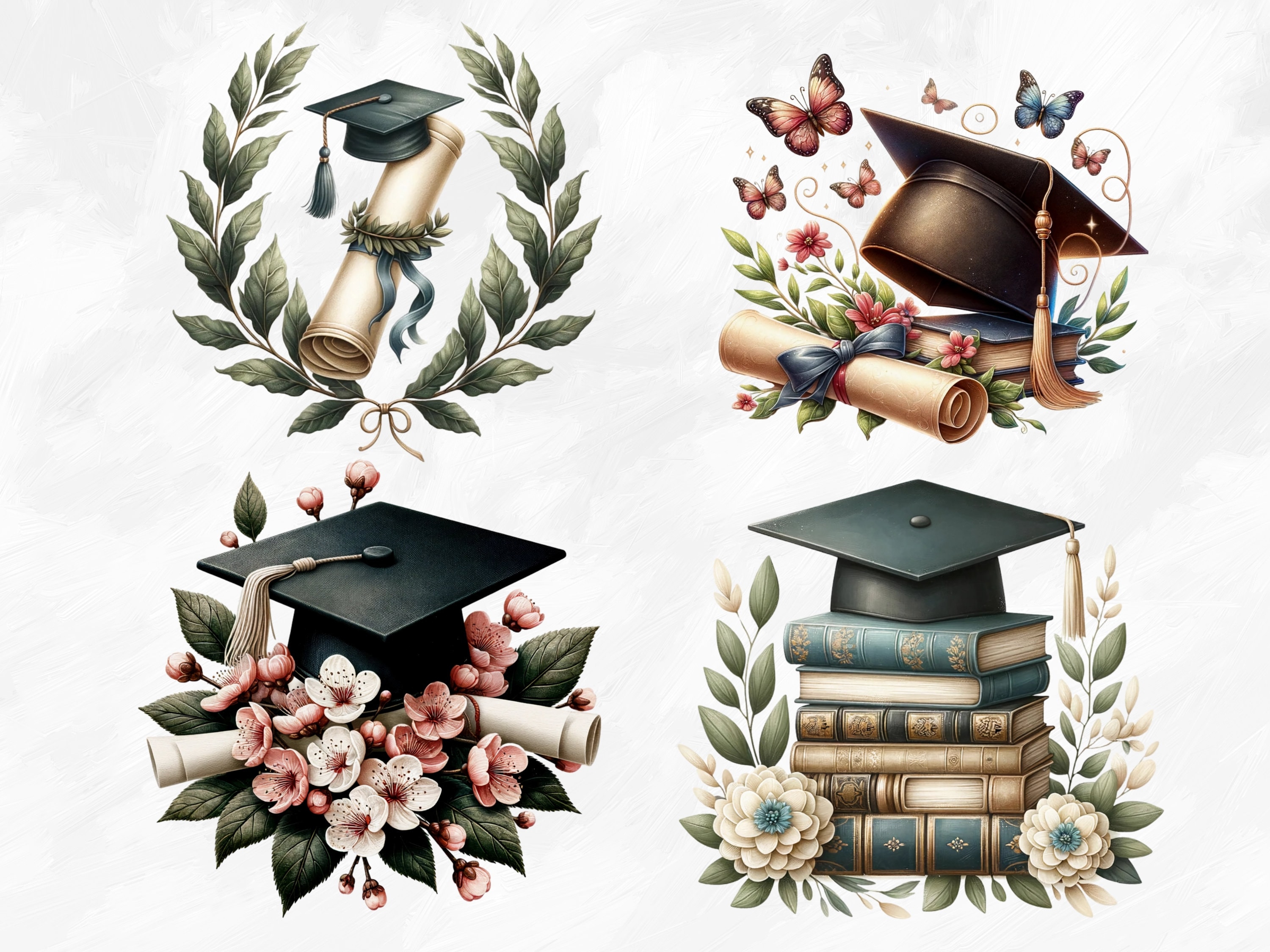 Watercolor Graduation Collection Clipart, 18 PNG Grad Floral Clipart ...