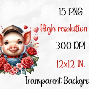 Watercolor Cute Valentines Farm Animals Clipart, 15 PNG Valentines Day ...