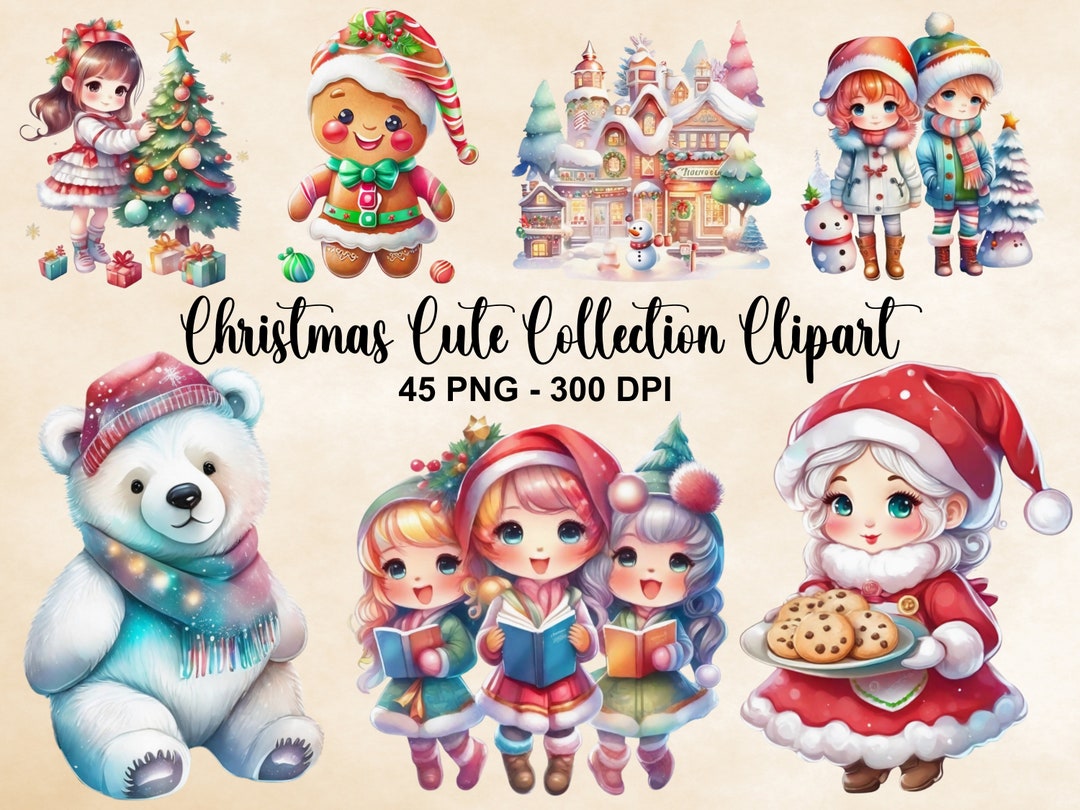 Watercolor Christmas Cute Collection Clipart, 45 PNG Christmas Clipart ...