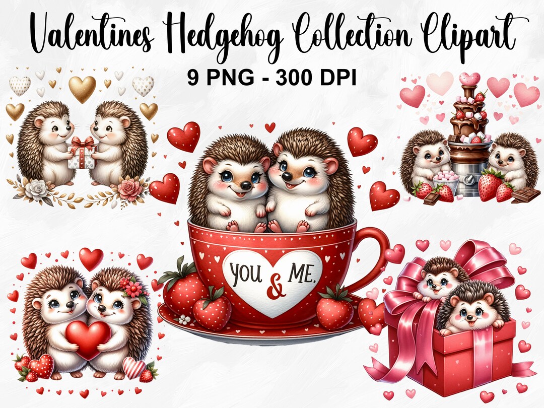 Watercolor Valentines Hedgehog Collection Clipart, 9 PNG Valentines Day ...