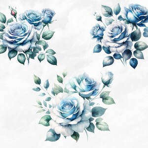 Watercolor Blue Rose Collection Clipart, 11 PNG Rose Bouquet Clipart ...