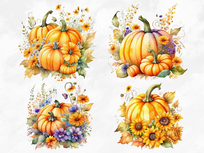 Watercolor Floral Pumpkins Clipart 19 PNG Floral Pumpkins - Etsy