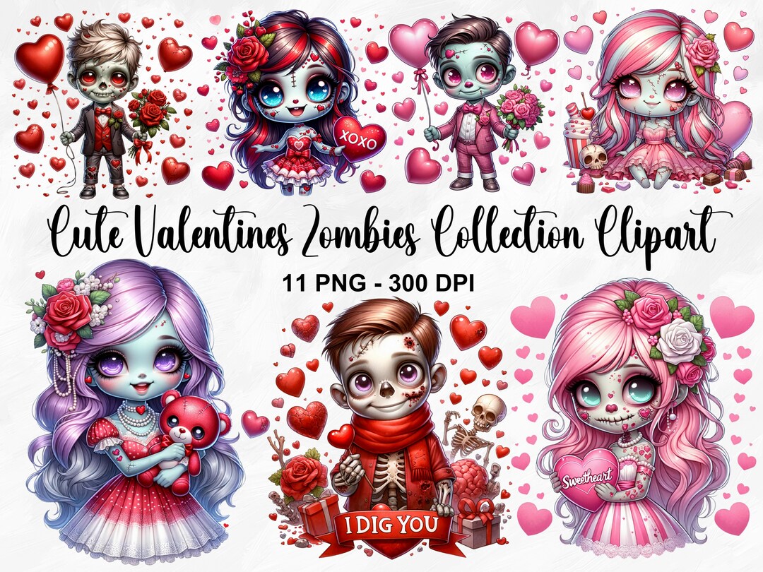 Watercolor Cute Valentines Zombies Collection Clipart, 11 PNG ...