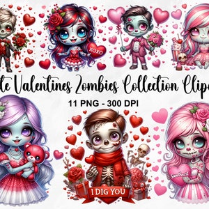 Watercolor Cute Valentines Zombies Collection Clipart, 11 PNG ...