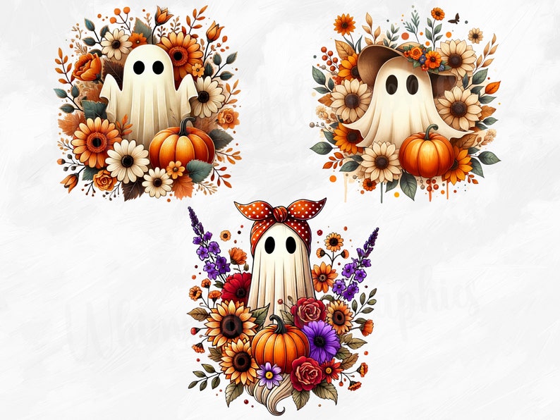 Watercolor Cute Ghost Clipart, 11 PNG Halloween Clipart Bundle, Cute ...