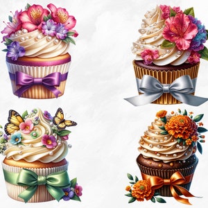 Watercolor Spring Flowers Cupcake Collection Clipart, 24 PNG Spring ...