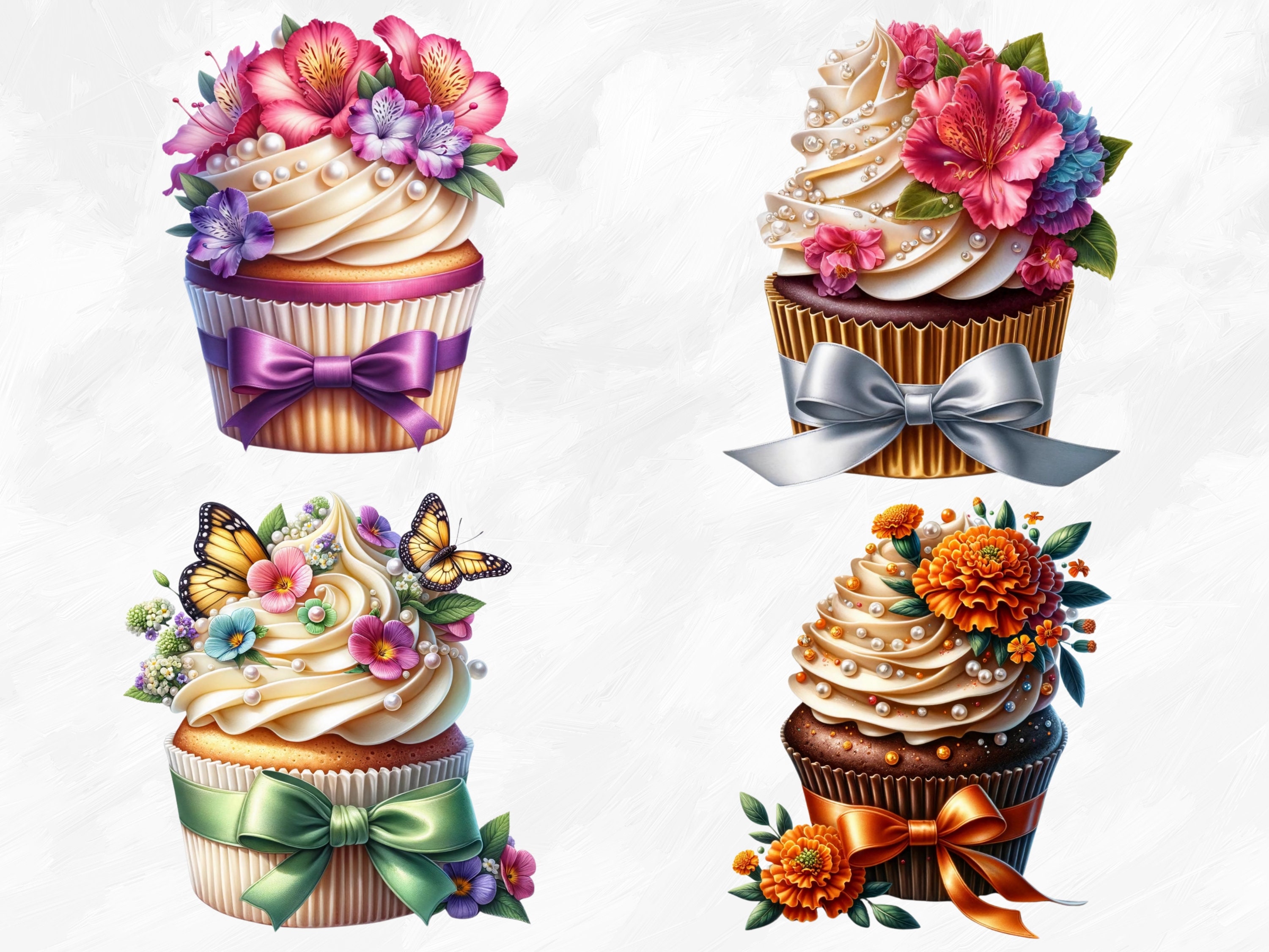 Watercolor Spring Flowers Cupcake Collection Clipart, 24 PNG Spring ...