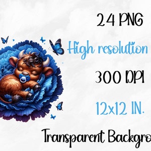 Watercolor Sleeping Baby Highland Cow Clipart, 24 PNG Cute Cow Clipart ...