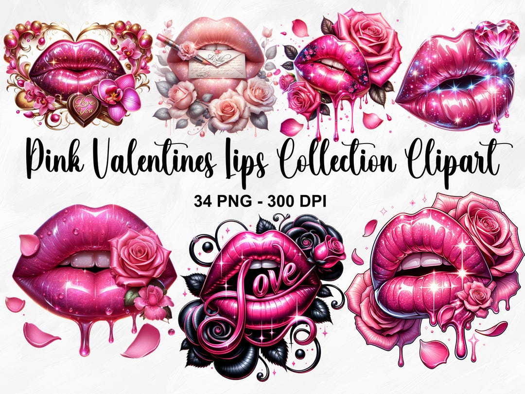 Watercolor Pink Valentines Lips Collection Clipart, 34 PNG Valentines ...