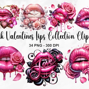 Watercolor Pink Valentines Lips Collection Clipart, 34 PNG Valentines ...