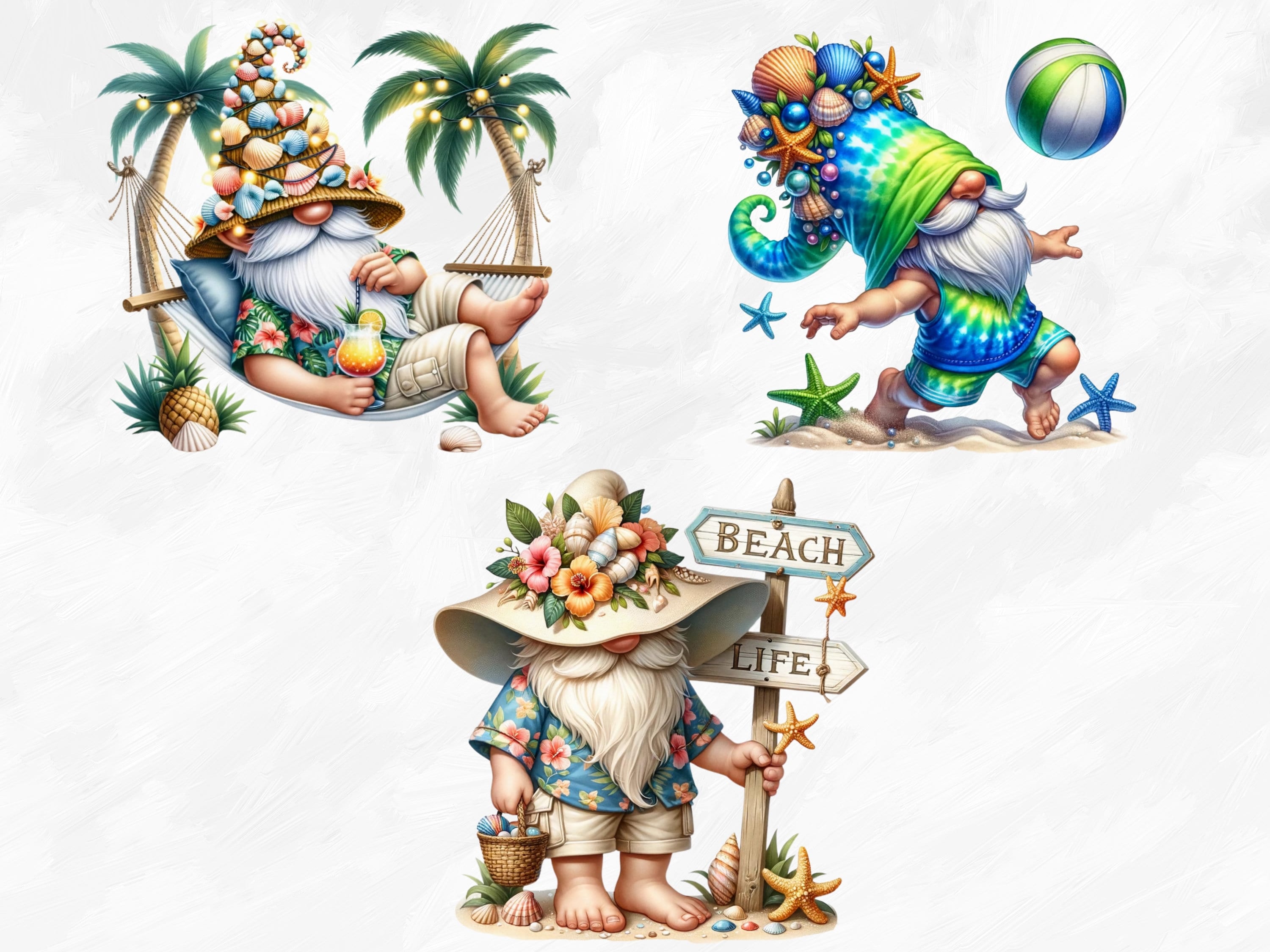 Watercolor Summer Beach Gnome Collection Clipart, 12 PNG Gnome Clipart ...