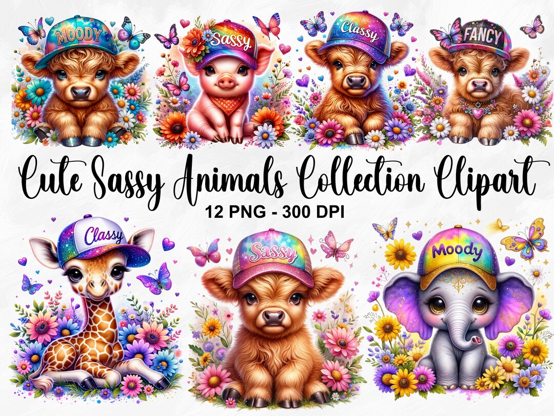 Watercolor Cute Sassy Animals Collection Clipart, 12 PNG Safari Animal ...