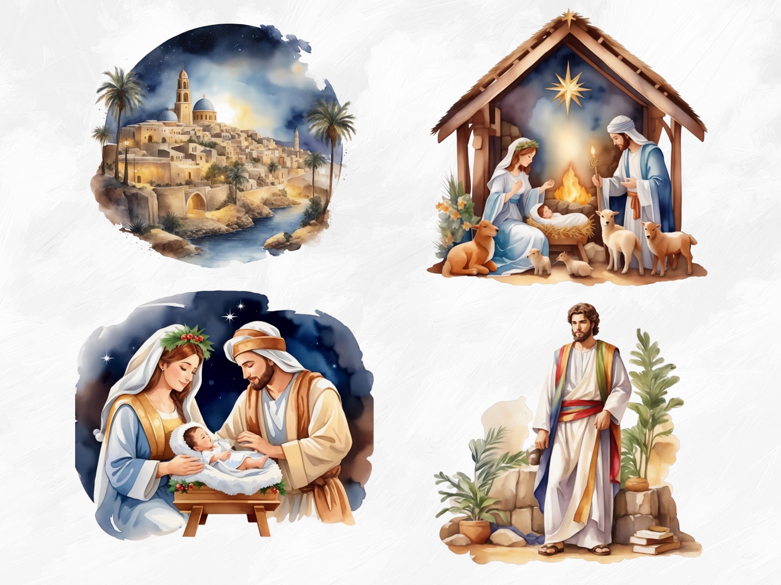 Watercolor Nativity Scene Clipart, 24 PNG Christmas Nativity Set ...