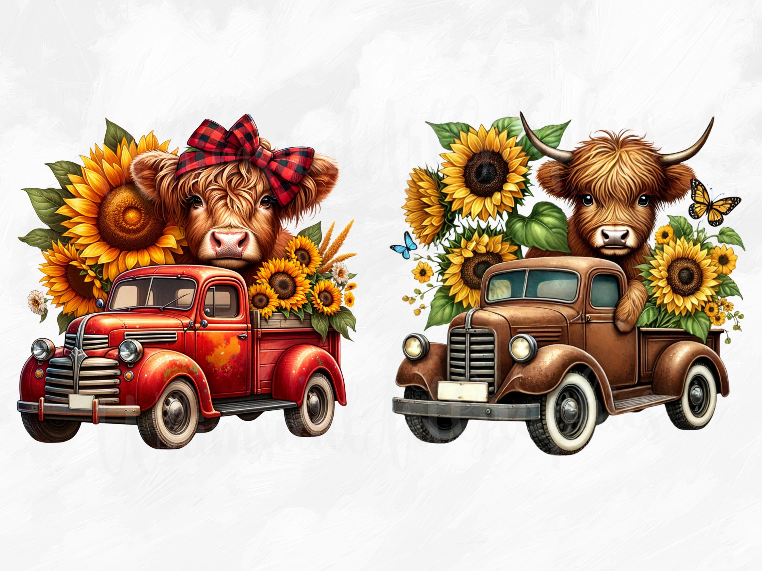 Watercolor Rustic Farm Truck Collection Clipart, 12 PNG Sunflowers ...