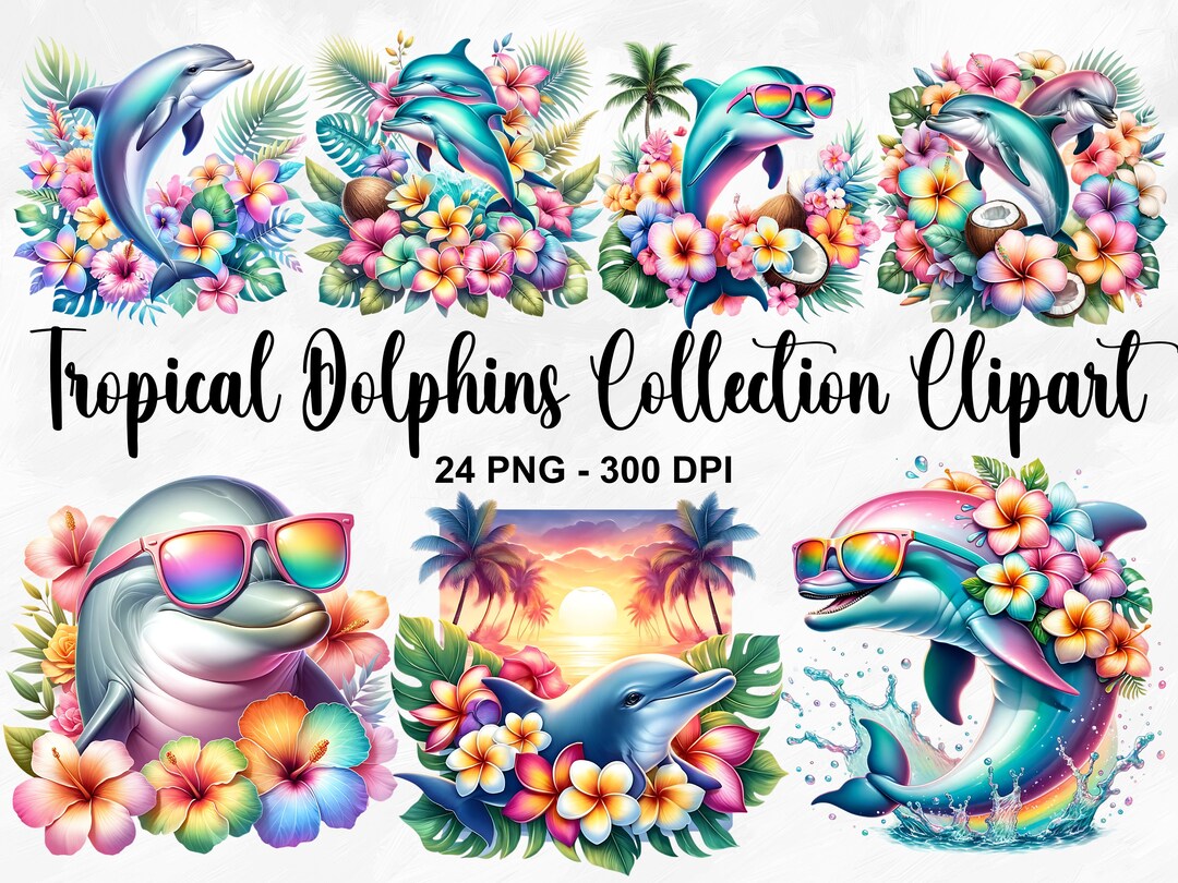 Watercolor Tropical Dolphins Collection Clipart, 24 PNG Sea Animal ...