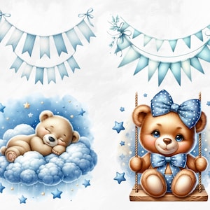 Watercolor Sleeping Blue Teddy Bear Clipart, 24 PNG Sleepy Teddy Bear ...