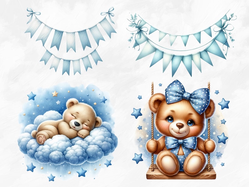 Watercolor Sleeping Blue Teddy Bear Clipart, 24 PNG Sleepy Teddy Bear ...