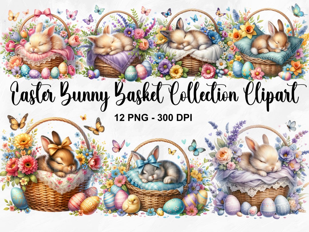 Easter Bunny Basket Collection Clipart Bundle, 12 PNG Easter Clipart ...